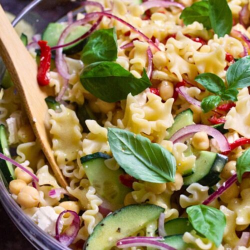 Mediterranean Pasta Salad with Feta & Lemon-Basil Dressing